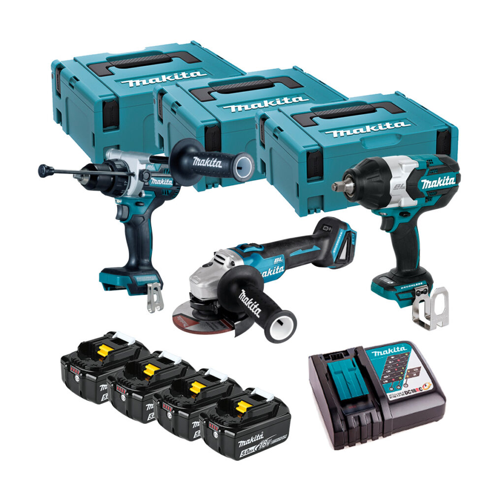 Kit herramientas Makita DHP486+DGA504+DTW1002, 4x baterías 5Ah » Pro ...